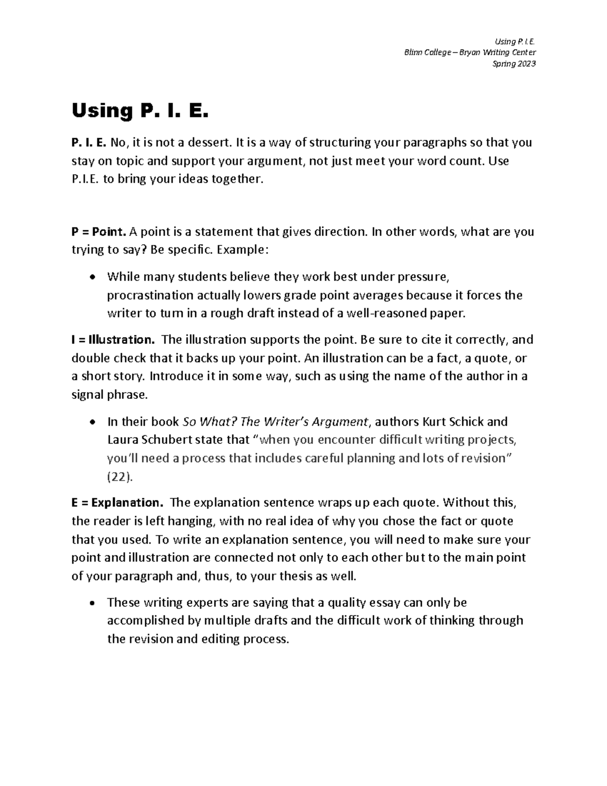 P.I.E. Structure Guide for Effective Writing - Blinn College Spring ...