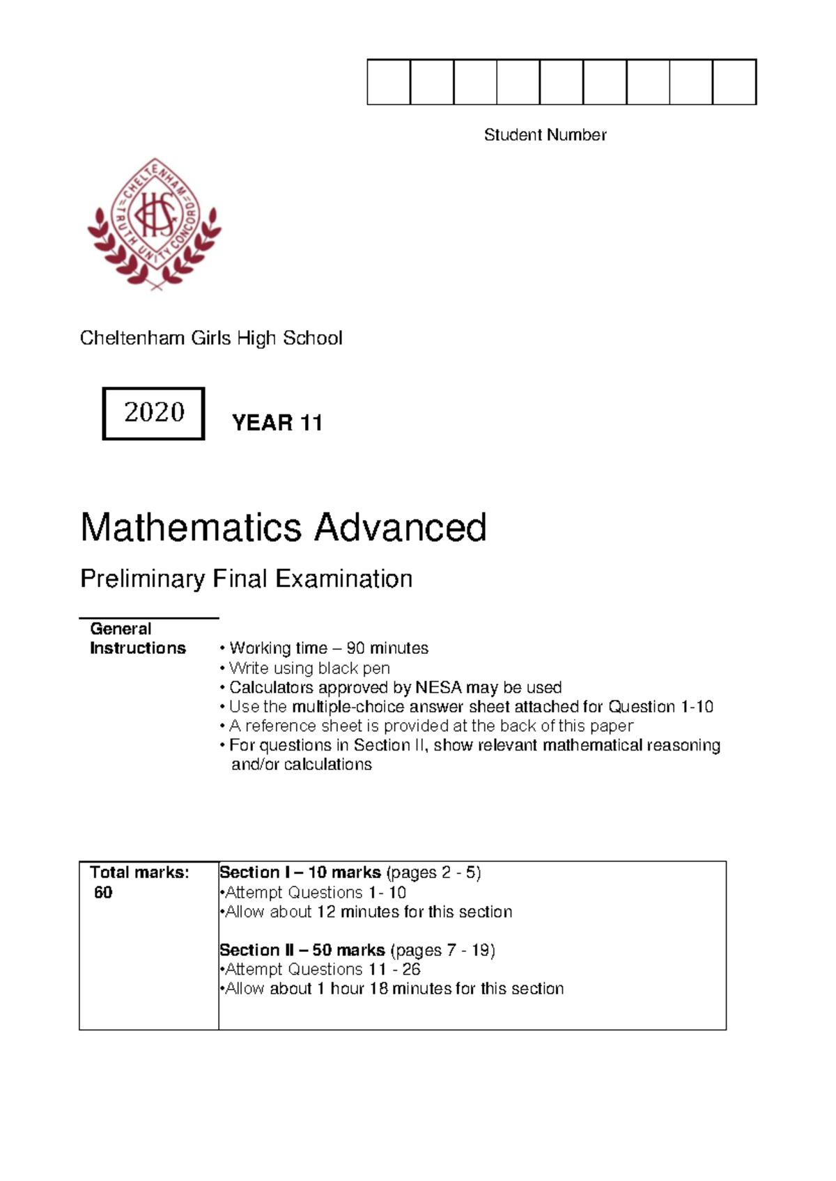 2020 YEAR 11 Mathematics Advanced Preliminary Final Exam Paper - Studocu