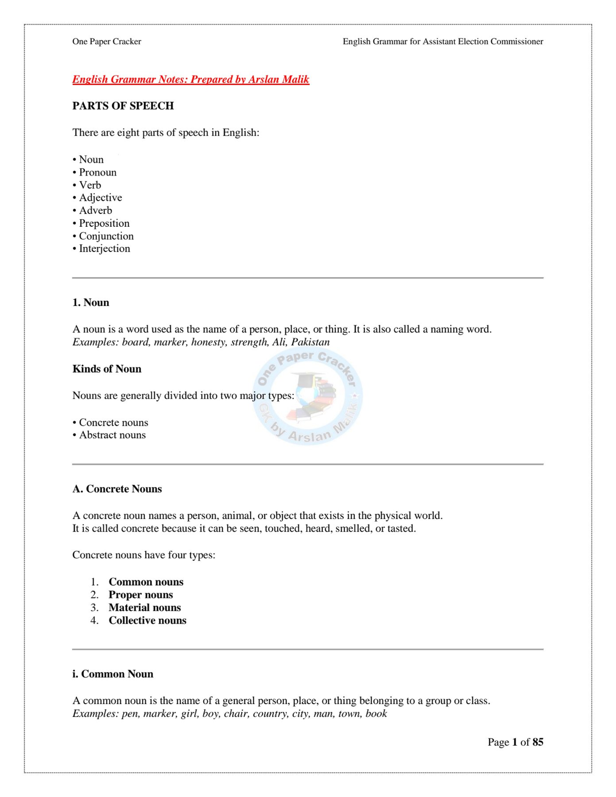 English Grammar Notes for AEC: Parts of Speech Overview - Studocu