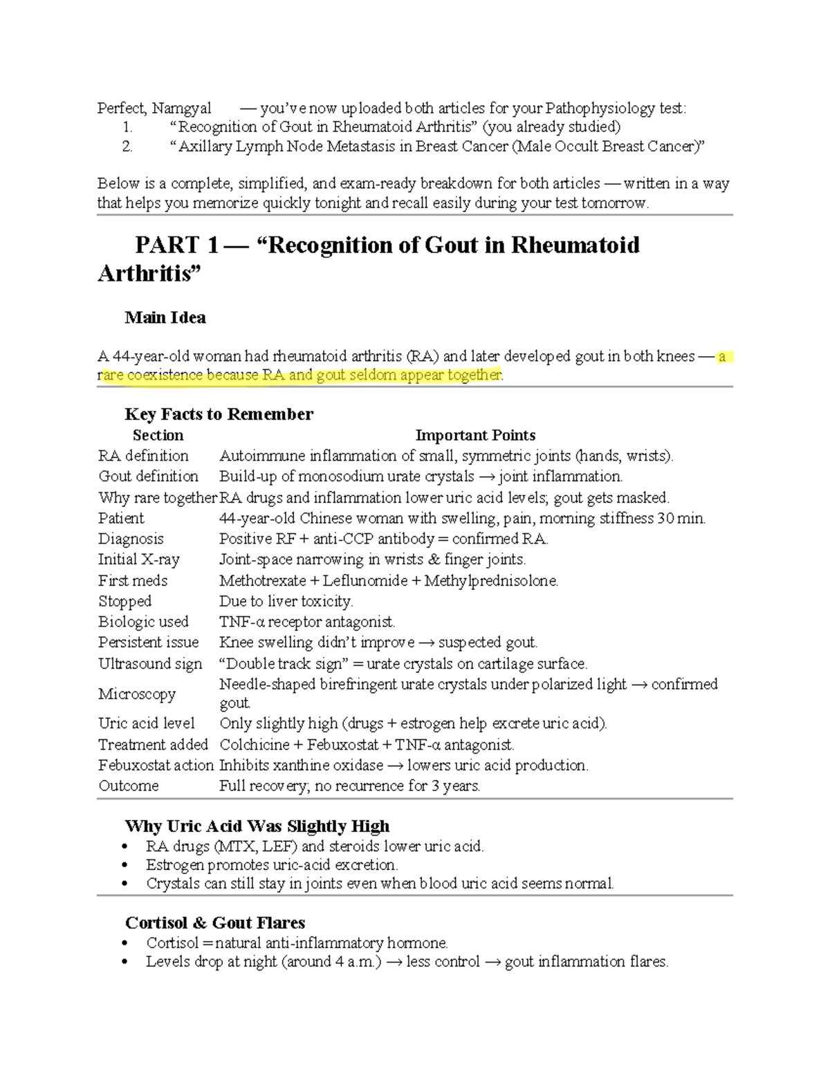 Pathophysiology Test Prep: Gout in RA & Lymph Node Metastasis - Studocu