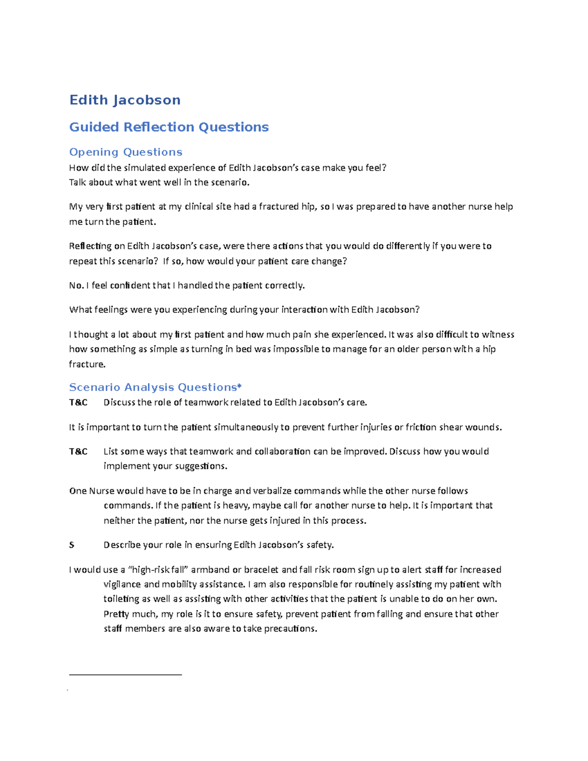 Guided Reflection on Edith Jacobson Case Study (Fundamentals) - Studocu