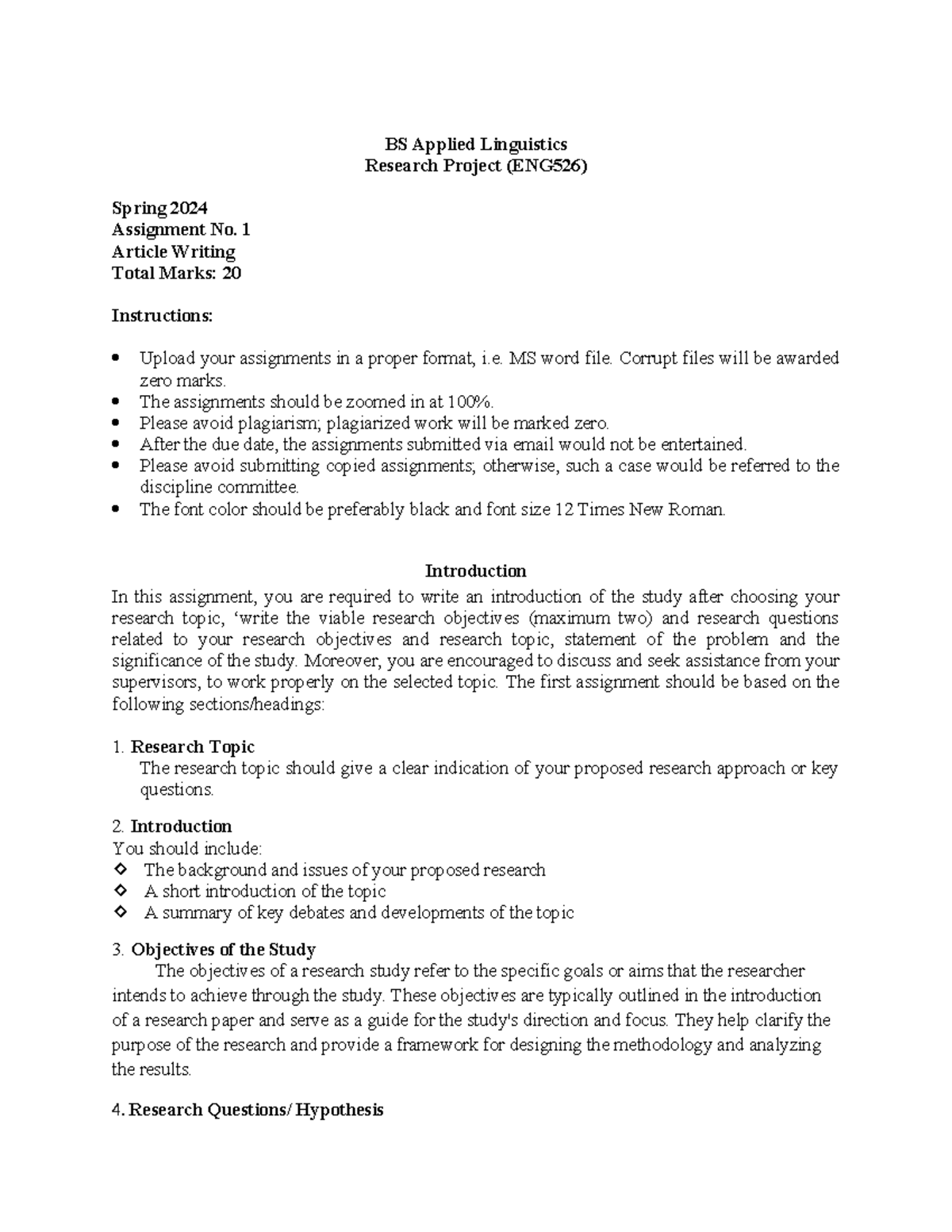 ENG526 Research Project: Article Writing Assignment Guide - Studocu