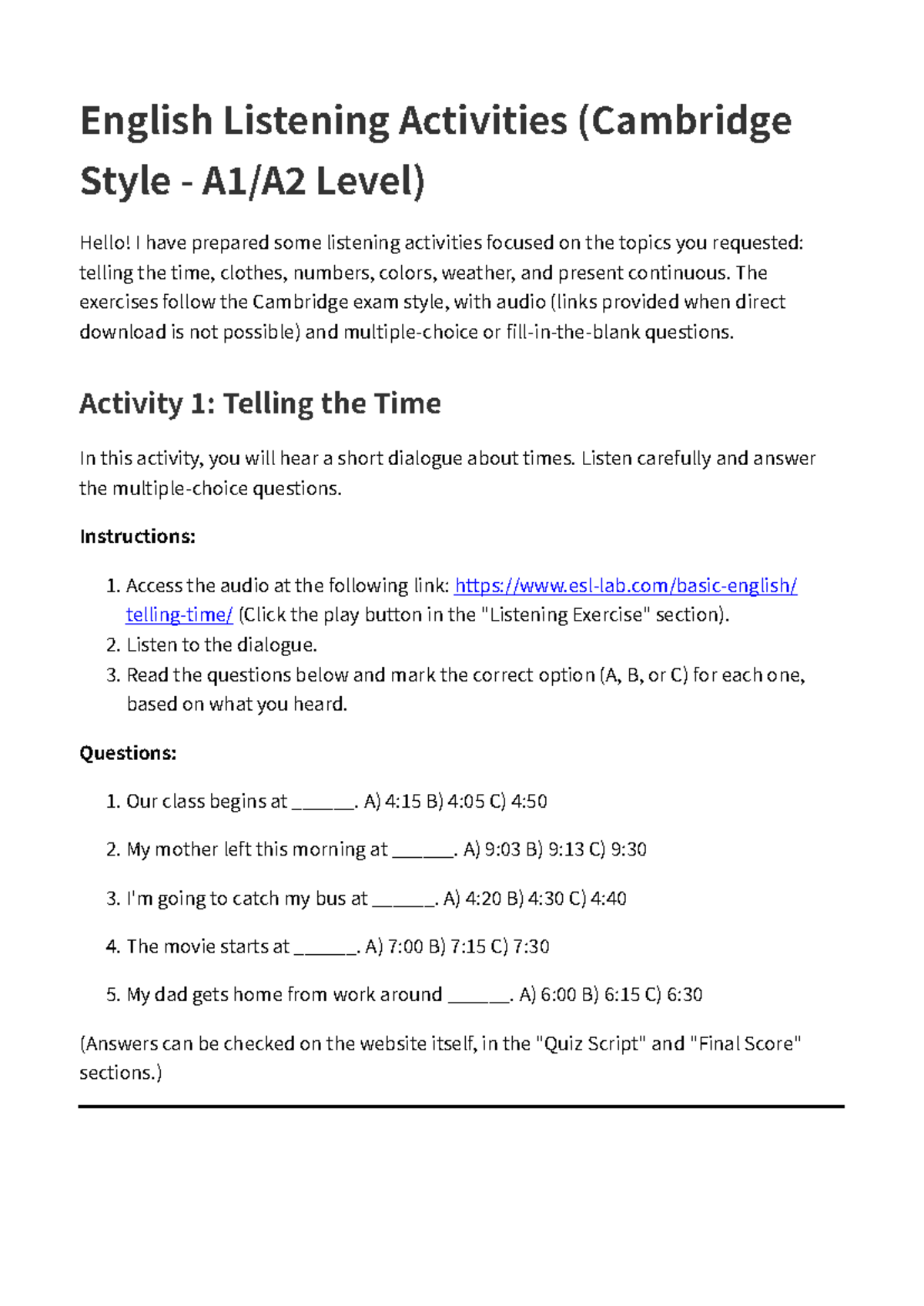 Listening Activities for A1-A2 English (Cambridge Style) - Studocu