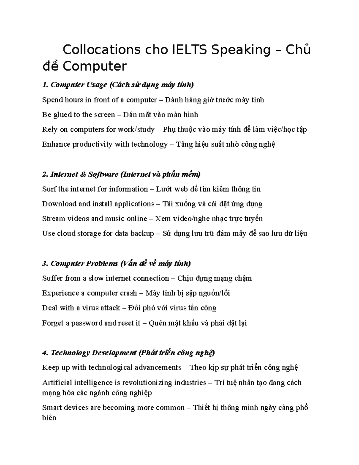 Collocations for IELTS Speaking: Computer Topics & Usage - Studocu