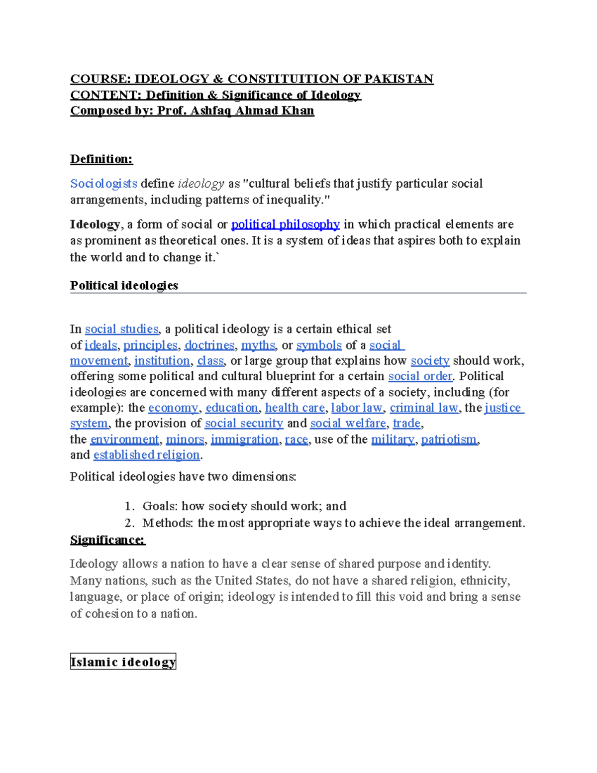 IDE 101: Ideology and Constitution of Pakistan - Notes - Studocu