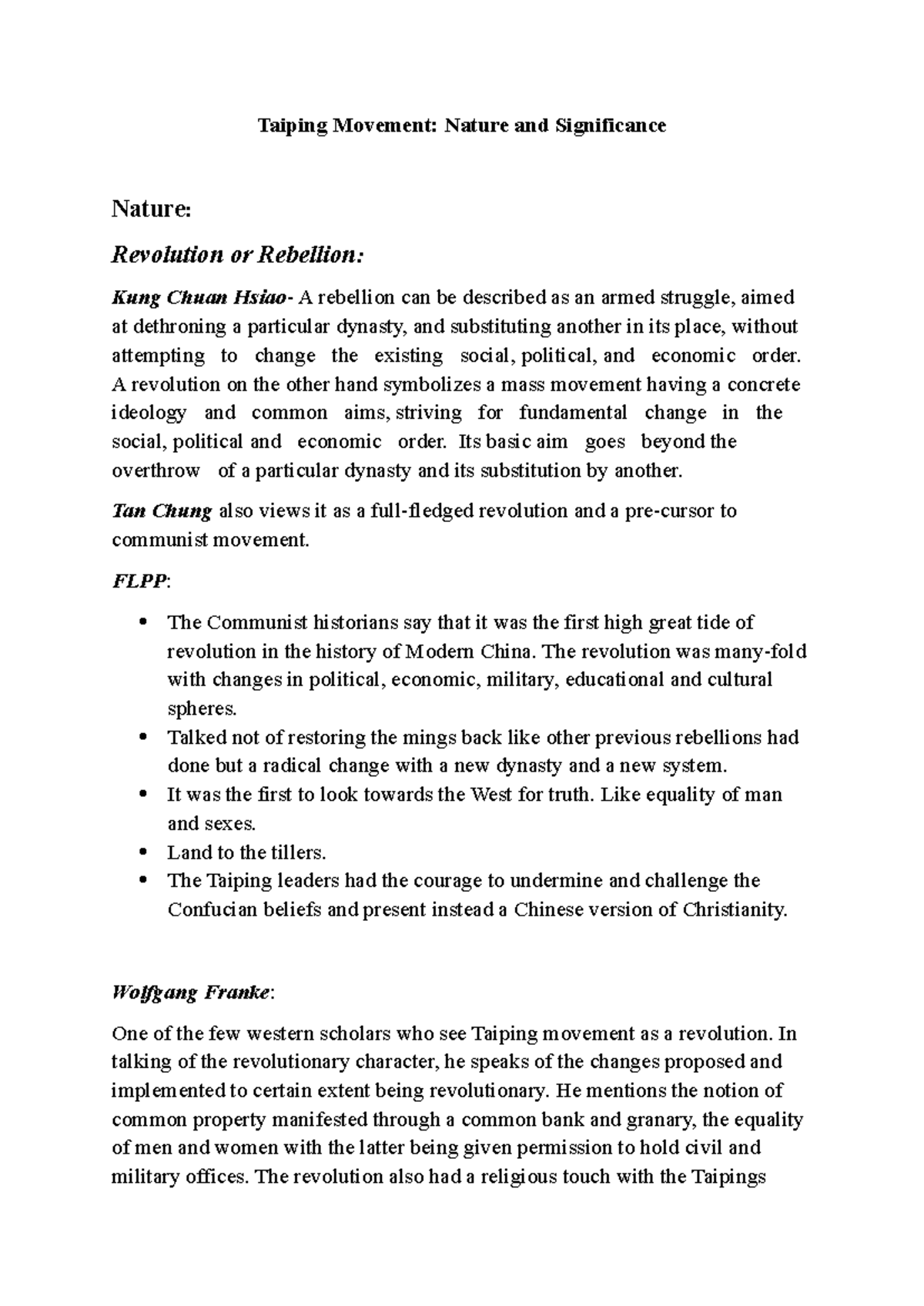 Taiping Movement: Revolution vs. Rebellion Analysis (HIST 101) - Studocu