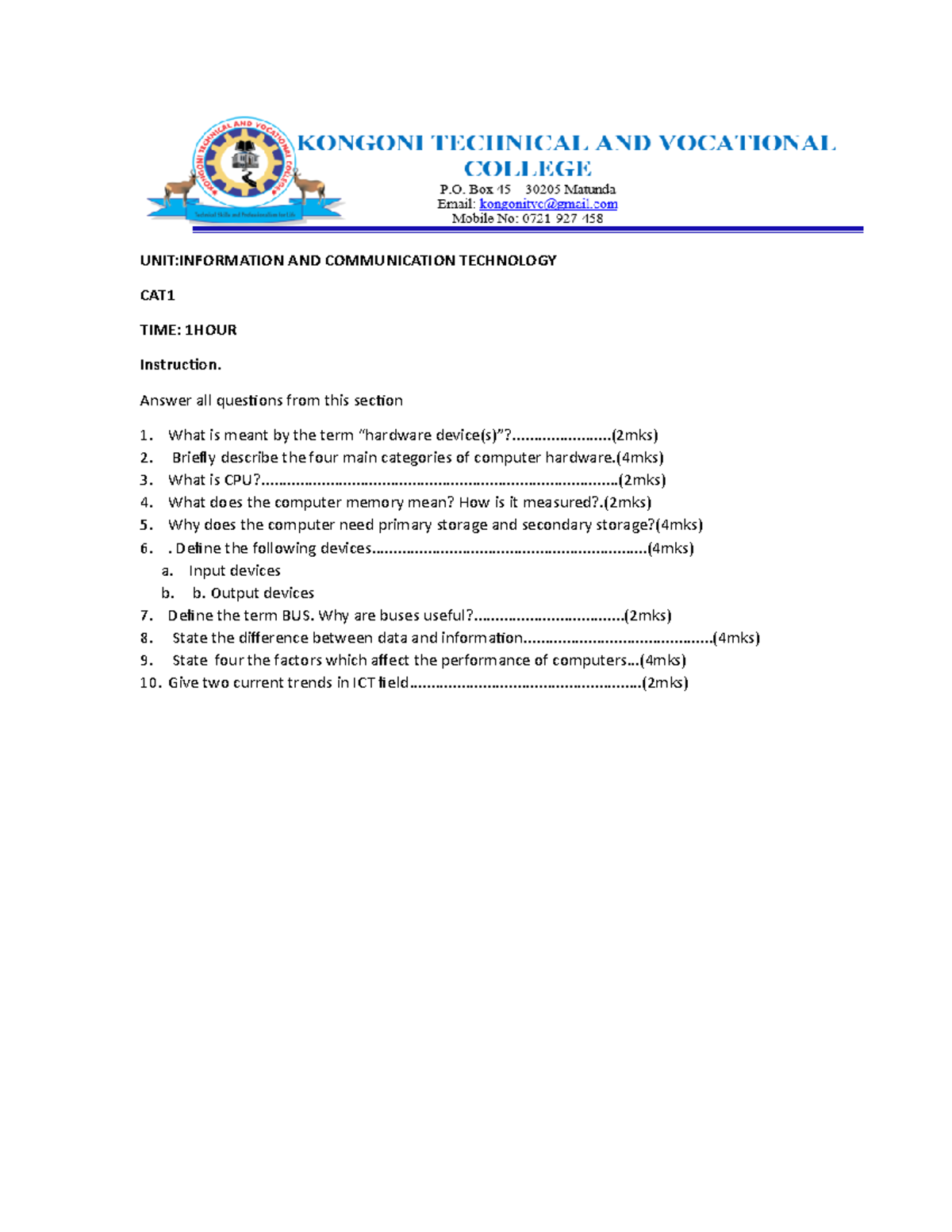 CAT 1 ICT Exam: Key Concepts in Hardware and Computer Memory - Studocu