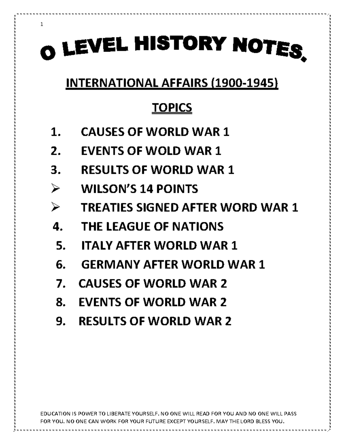 O' Level European History Notes: WW1 Causes & Key Events (1900-1945 ...