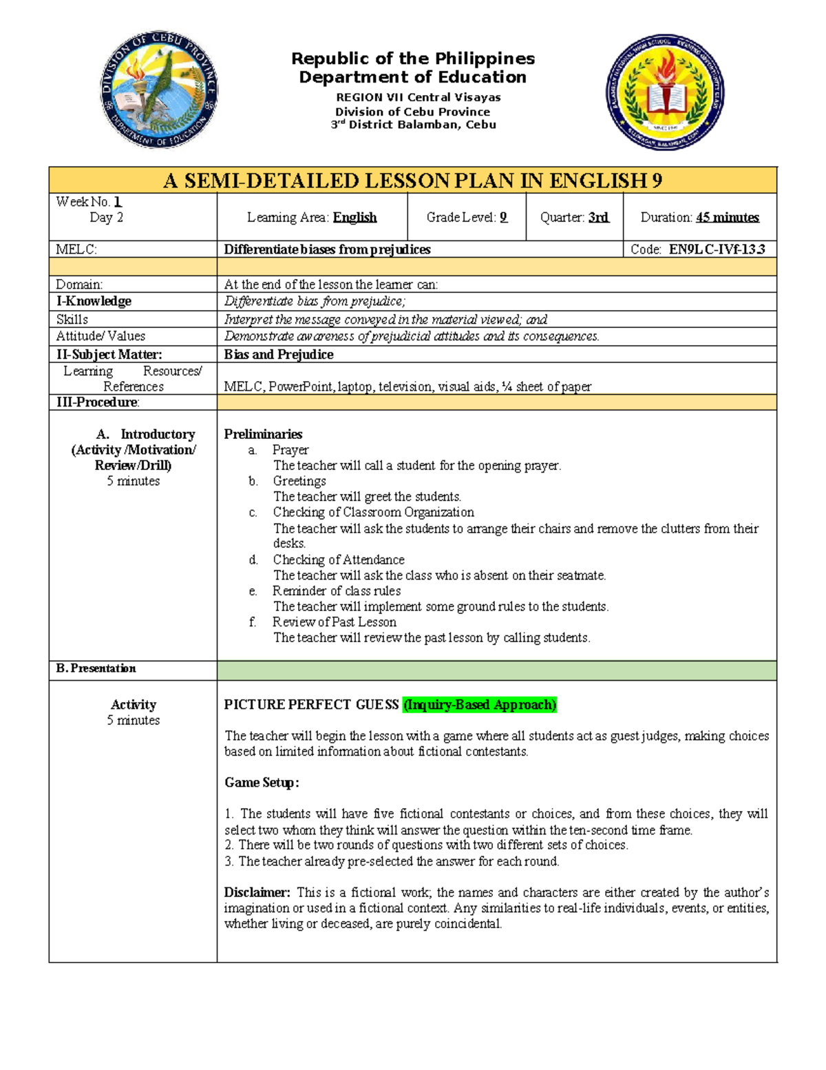 Lesson Plan for English 9: Understanding Bias and Prejudice (MELC ...