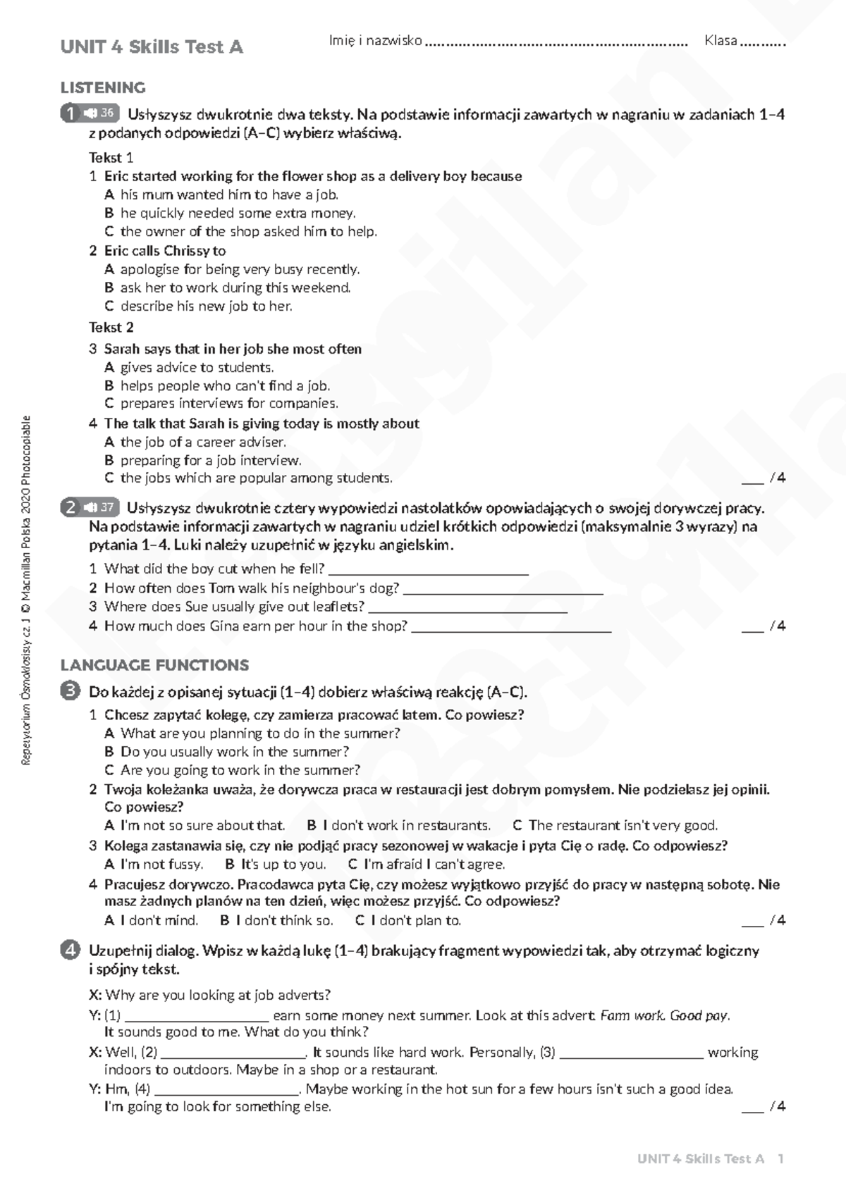 UNIT 4 Skills Test A - Listening and Reading Comprehension - Studocu