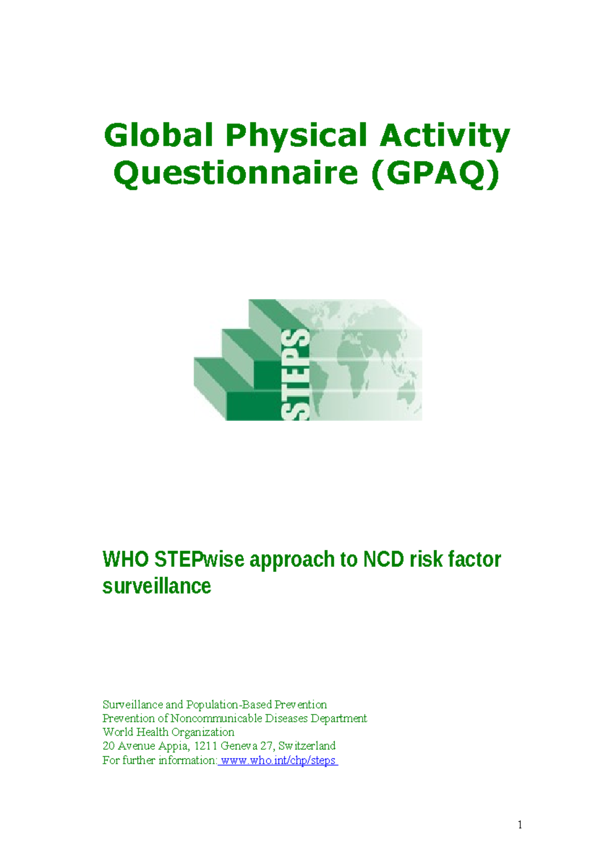 GPAQ: Global Physical Activity Questionnaire for NCD Surveillance - Studocu