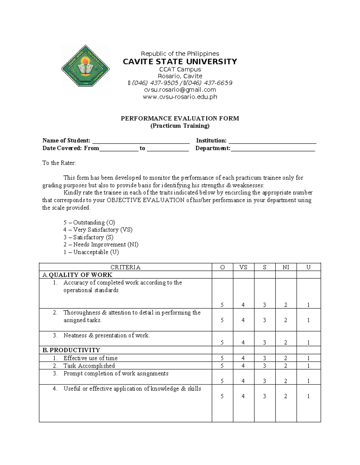 OJT Performance Evaluation Form (Practicum Training) - Studocu