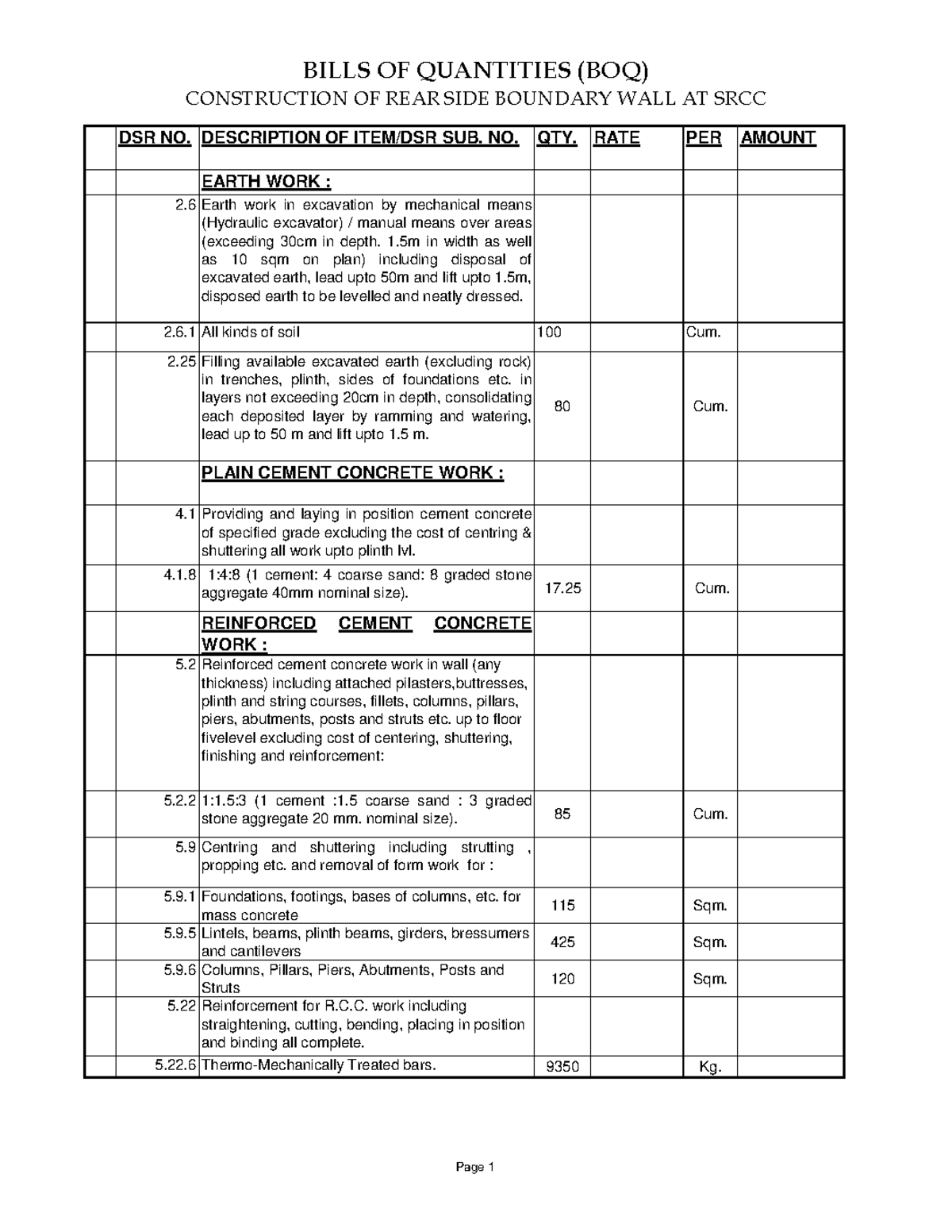 BOQ for Boundary Wall Construction at SRCC - Detailed Breakdown - Studocu