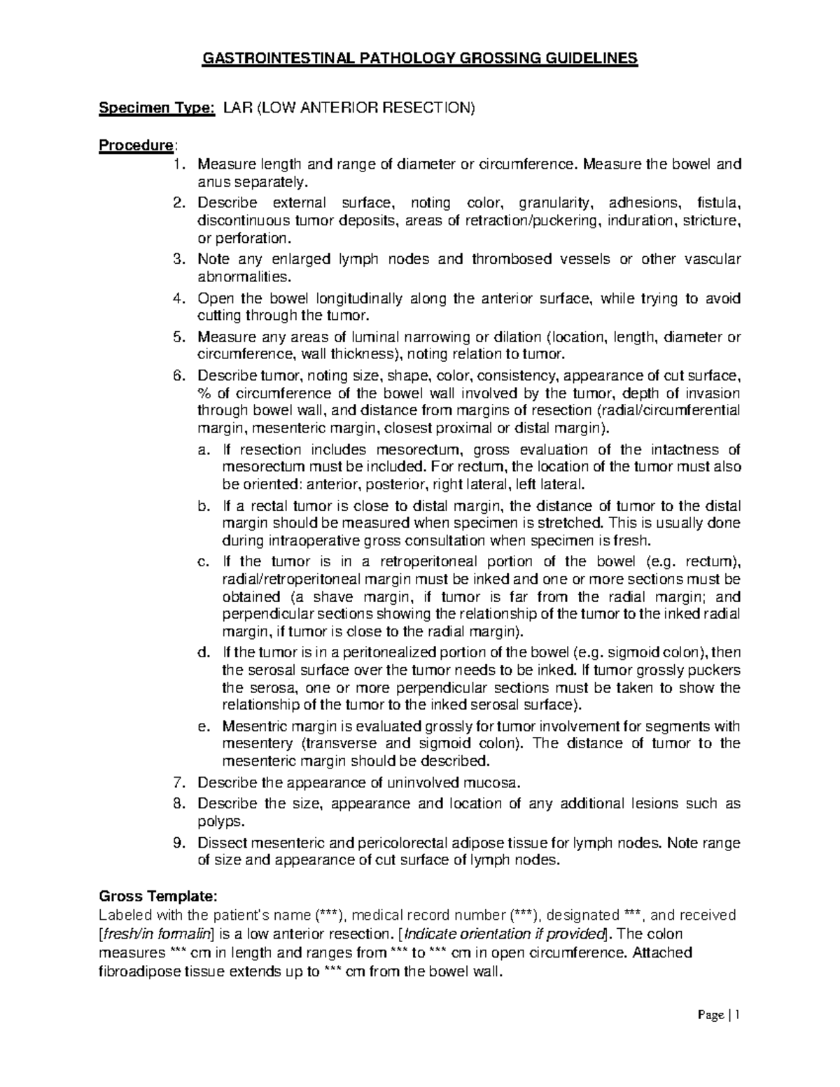 LAR GROSSING GUIDELINES FOR GASTROINTESTINAL PATHOLOGY - Studocu