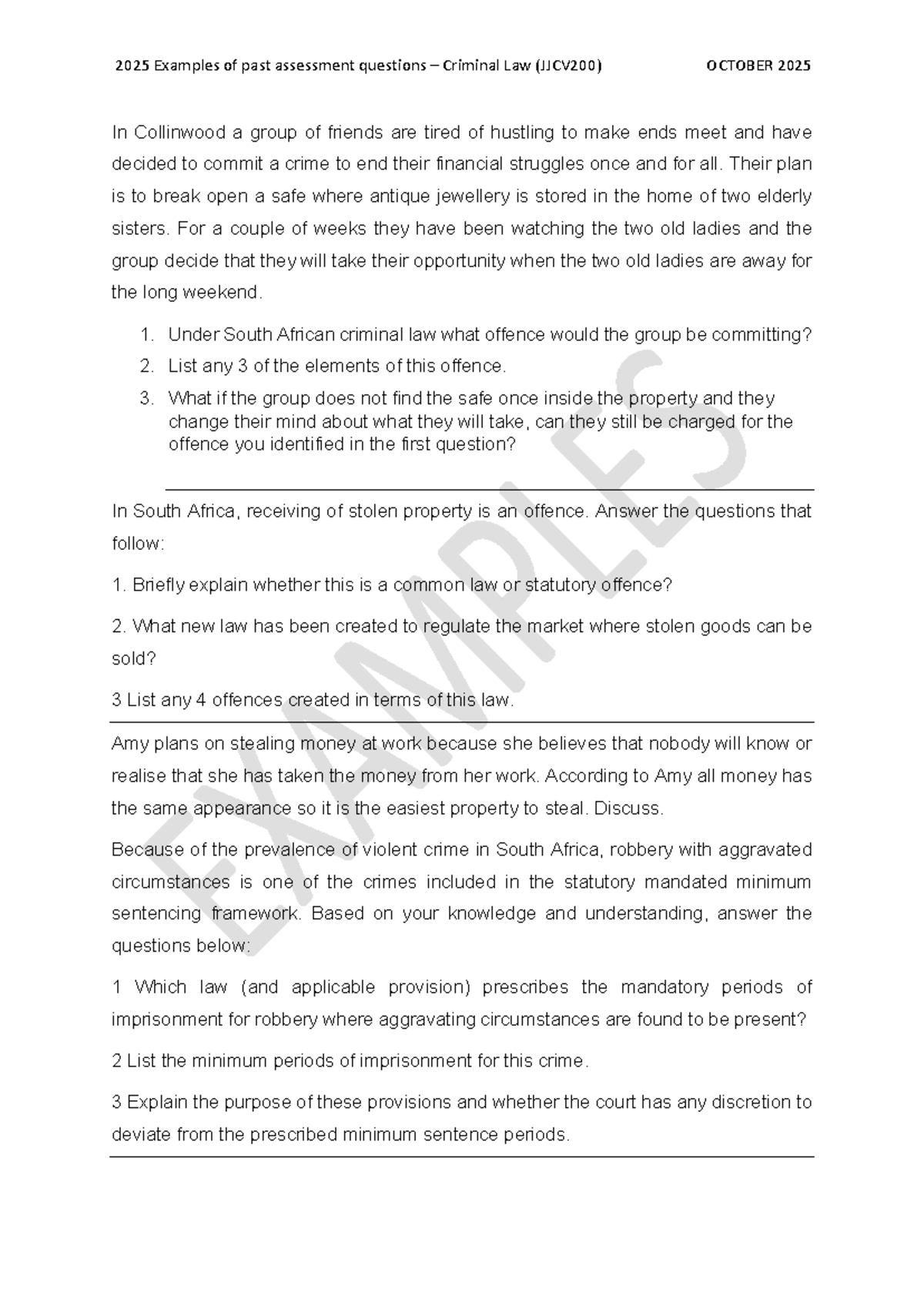 2025 Criminal Law Past Assessment Questions (JJCV200) - Term 4 Prep ...