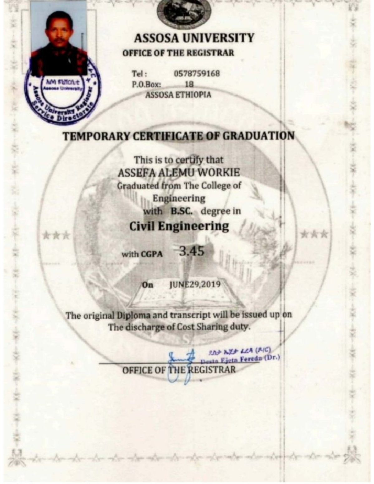 Asosa University TEMPORARY CERTIFICATE of GRADUATION for A. Workie ...