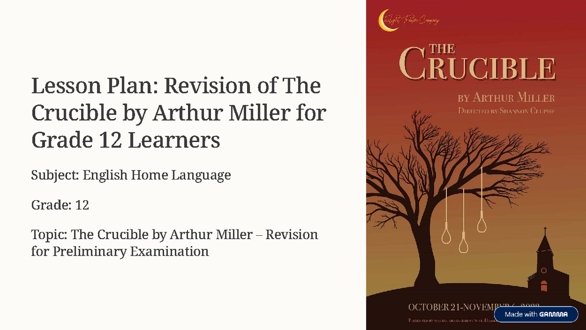 Grade 12 English Lesson Plan: Revising The Crucible by Arthur Miller ...