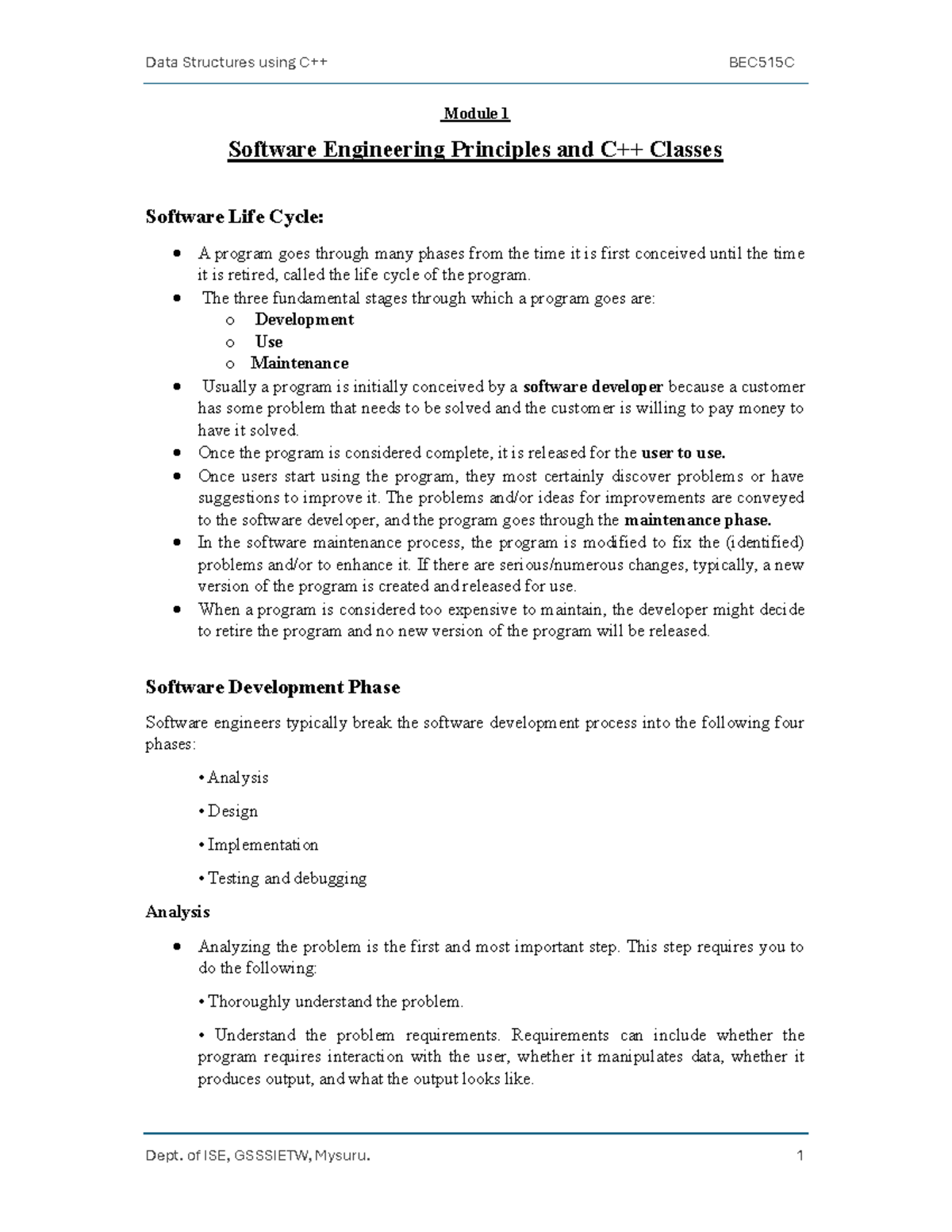 Module 1: Principles of Software Engineering & C++ Classes Overview ...
