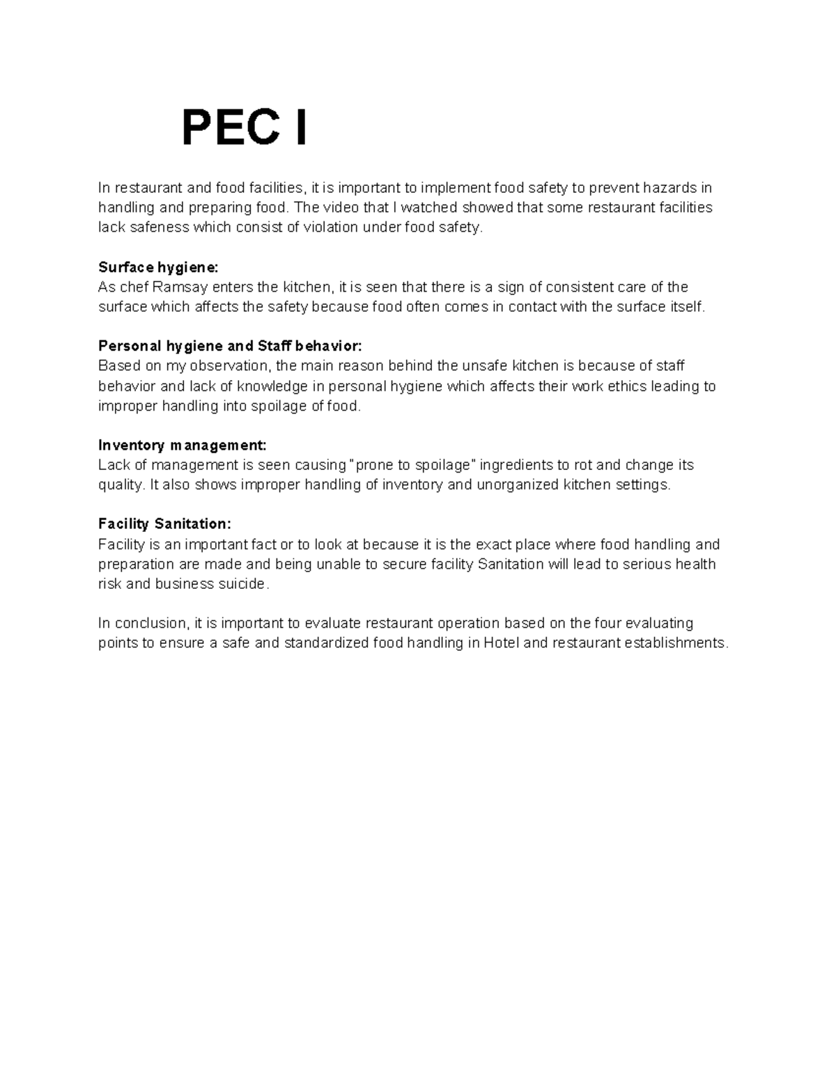 PEC I - Food Safety Evaluation in Restaurant Facilities - Studocu