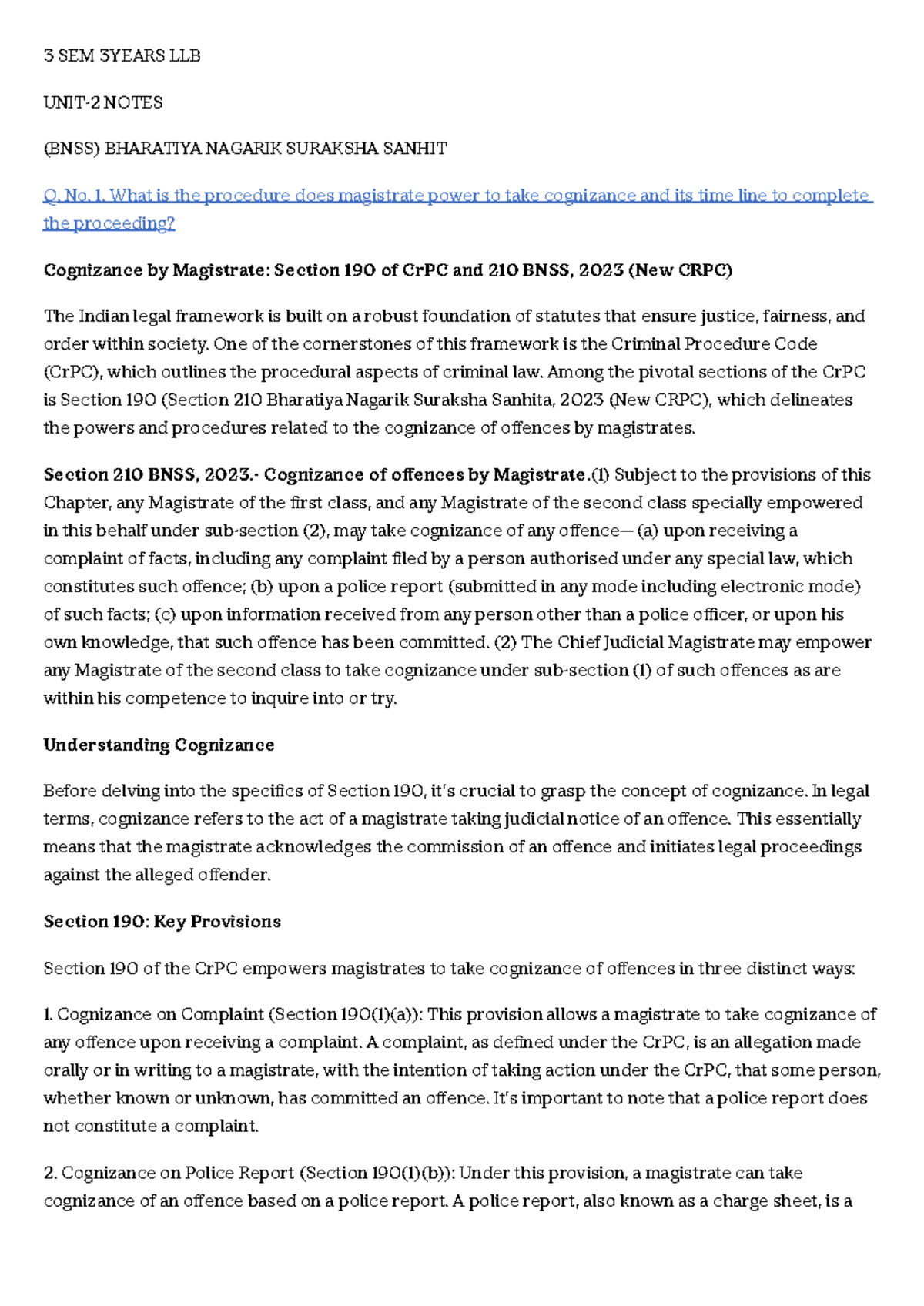 BNSS Unit-2 Notes: Cognizance and Complaint Procedures in Criminal Law ...