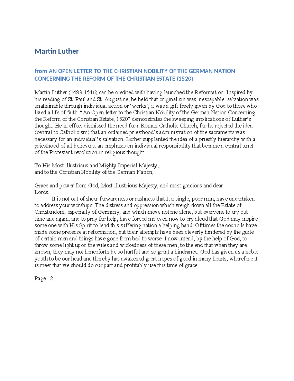 Martin Luther's "An Open Letter to the Christian Nobility (1520 ...