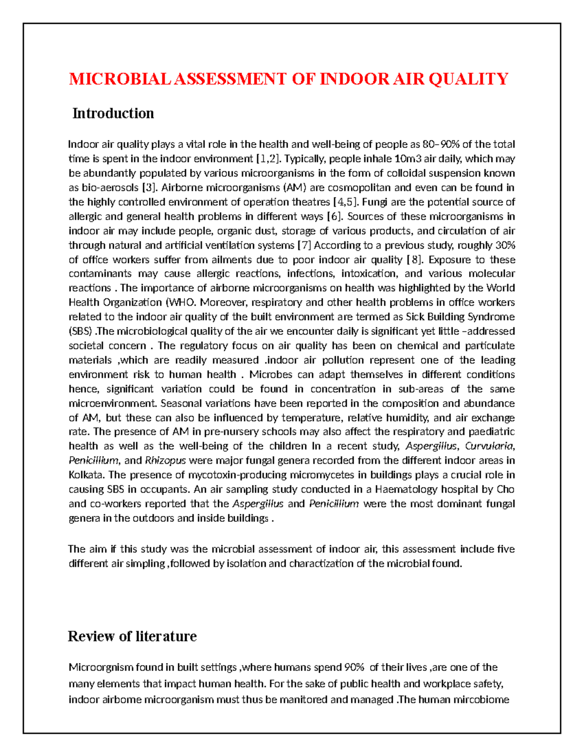 MICROBIAL ASSESSMENT OF INDOOR AIR QUALITY (IAQ) - Study Findings - Studocu