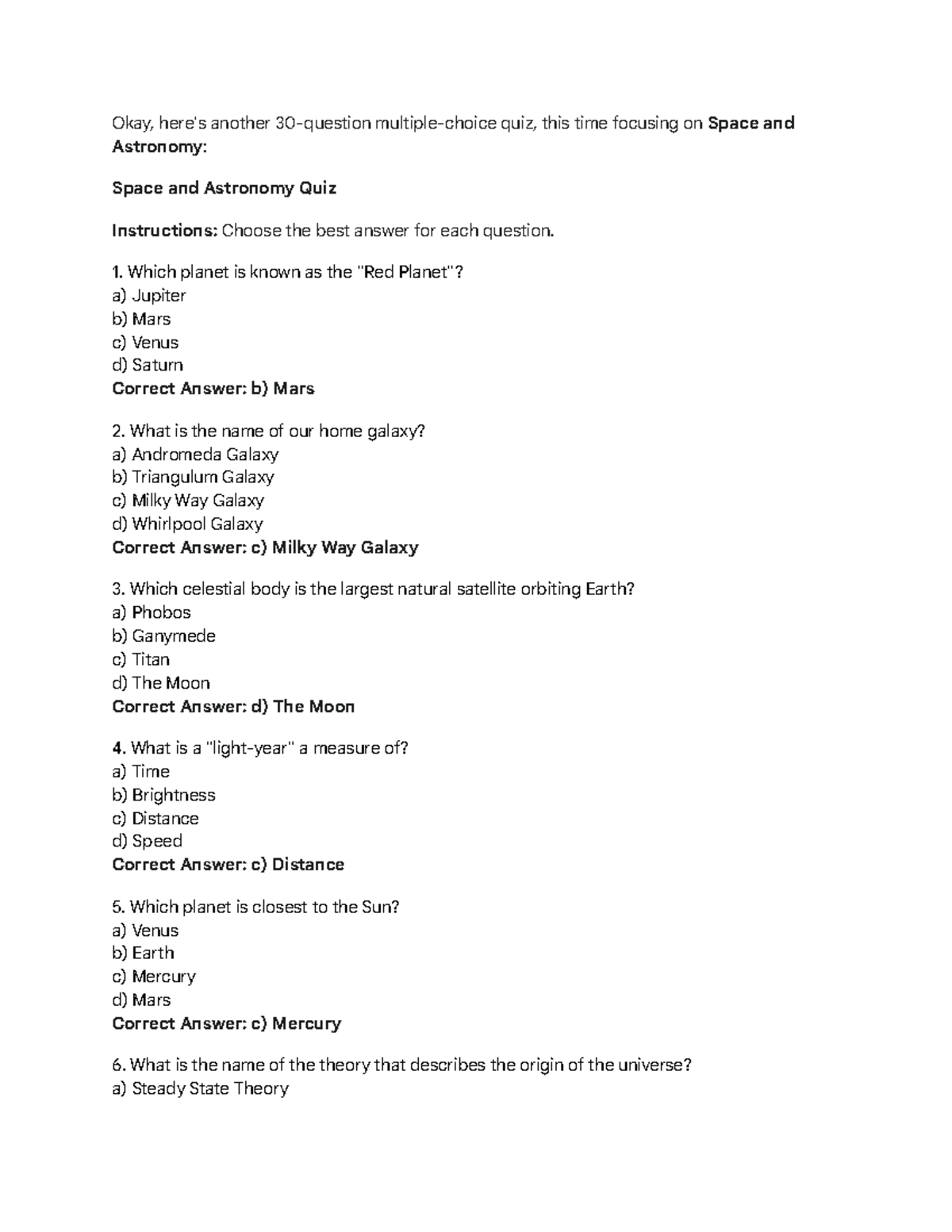 Space and Astronomy Quiz (Course Code: QUIZ 1) - Studocu