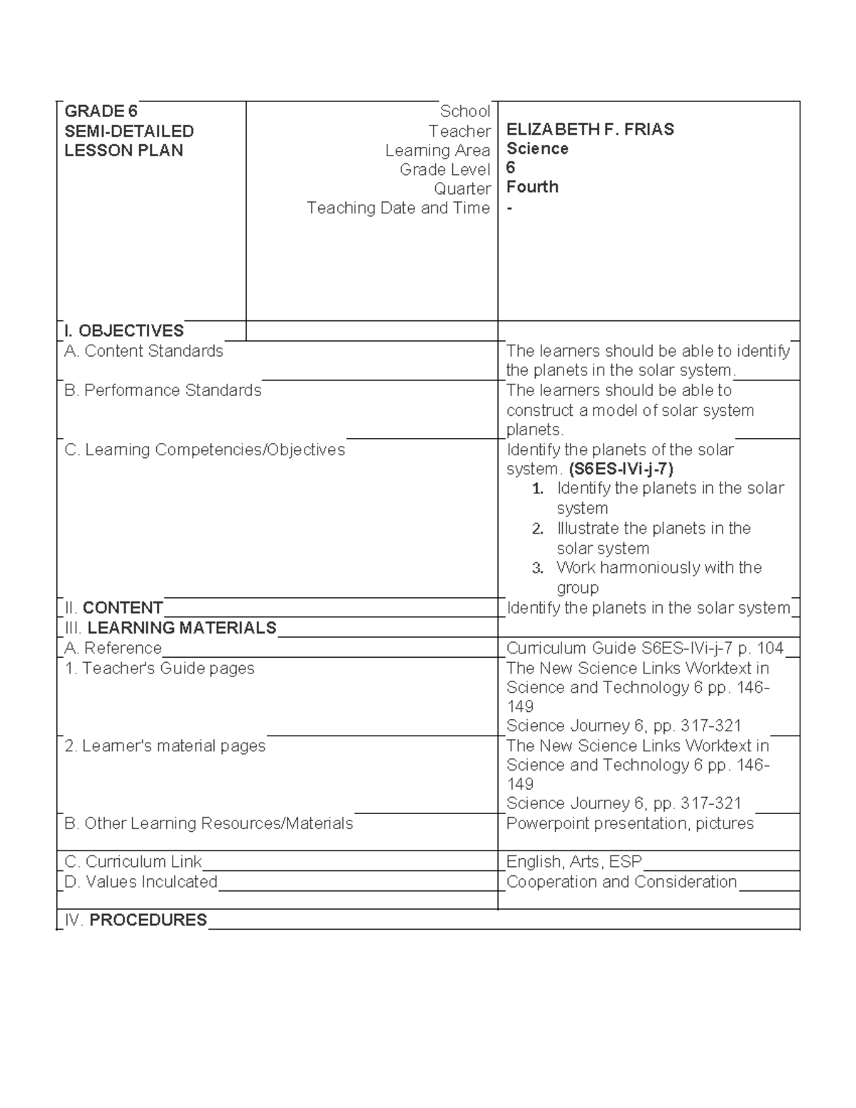 Science-6- Lesson Plan on Planets for 4th Quarter - Studocu