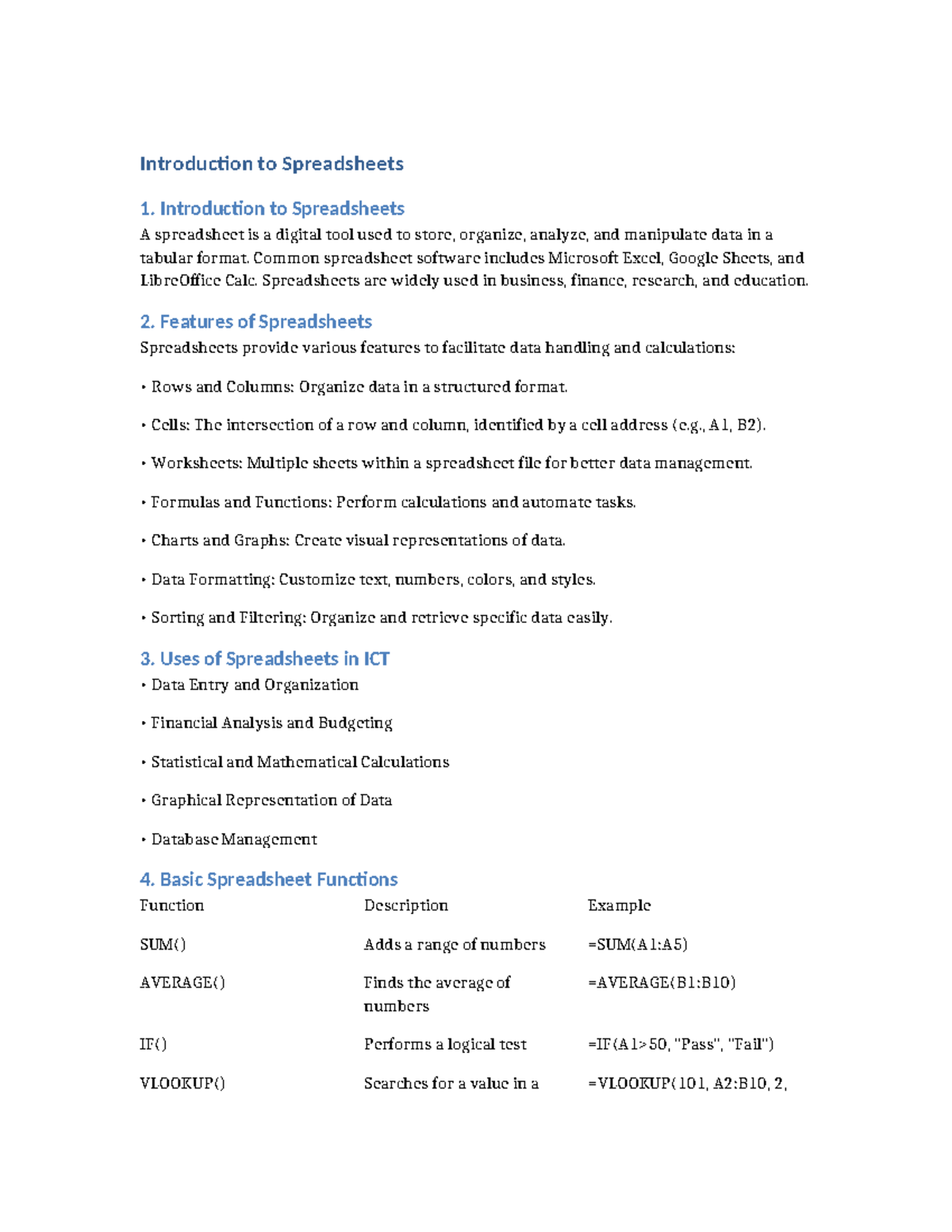 Introduction to Spreadsheets: Key Features and Functions Overview - Studocu