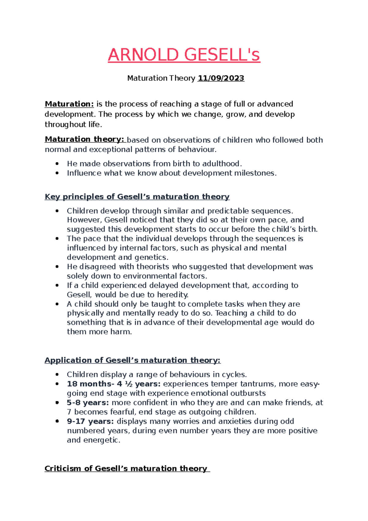 ARNOLD GESELL's Maturation Theory: Key Principles and Applications ...