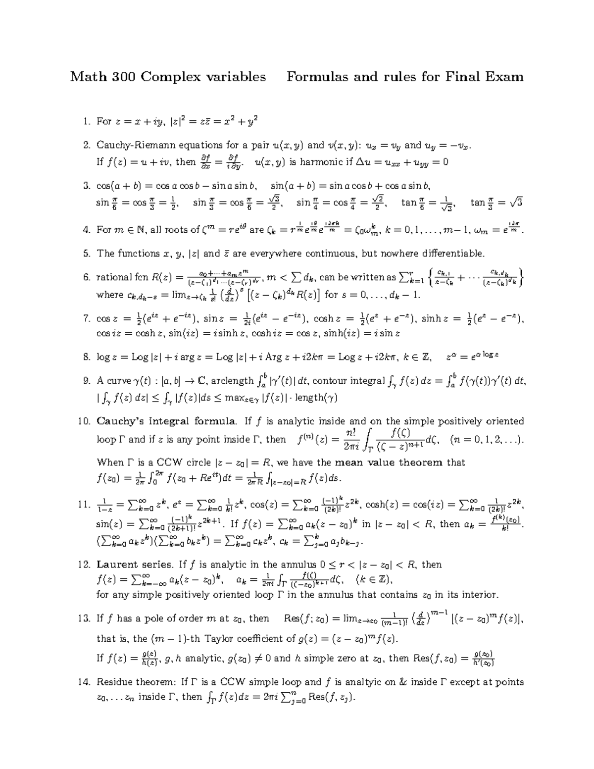 Final-formulas - formula sheet - Math 300 Complex variables Formulas and rules for Final Exam ...