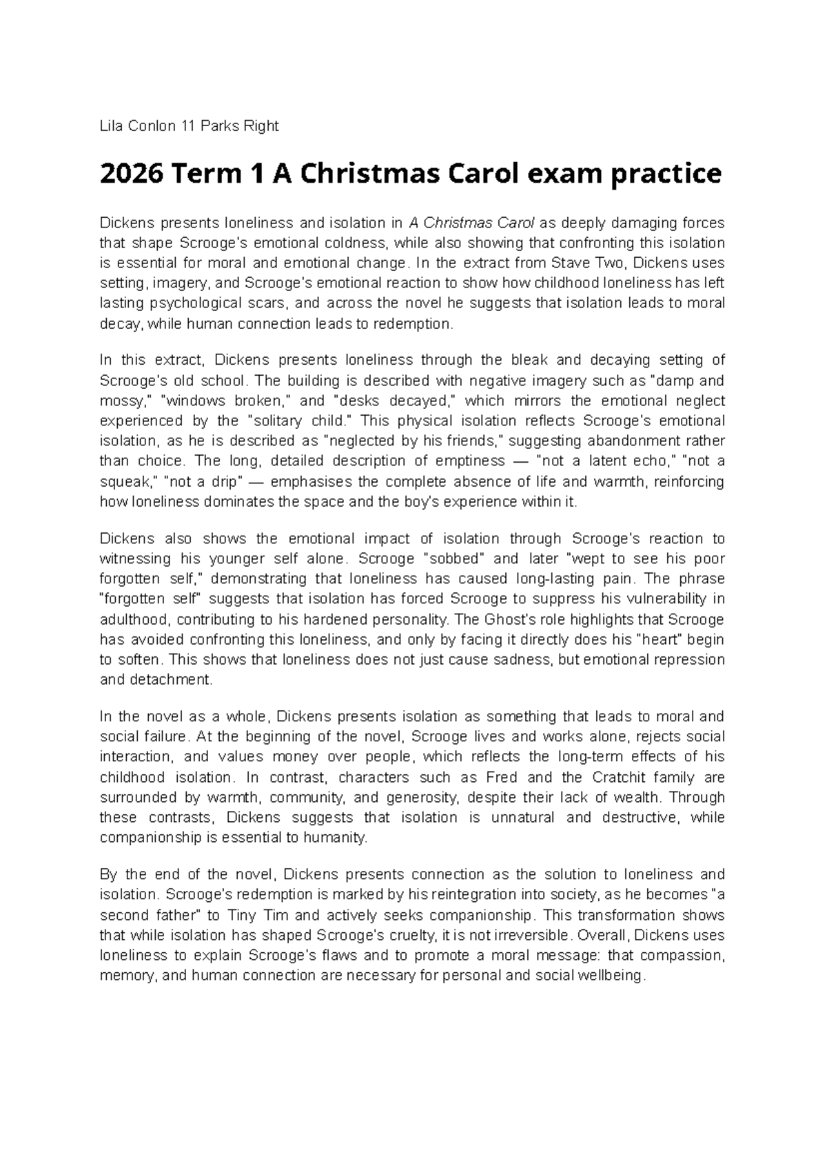A Christmas Carol Exam Practice: Analyzing Loneliness and Redemption ...