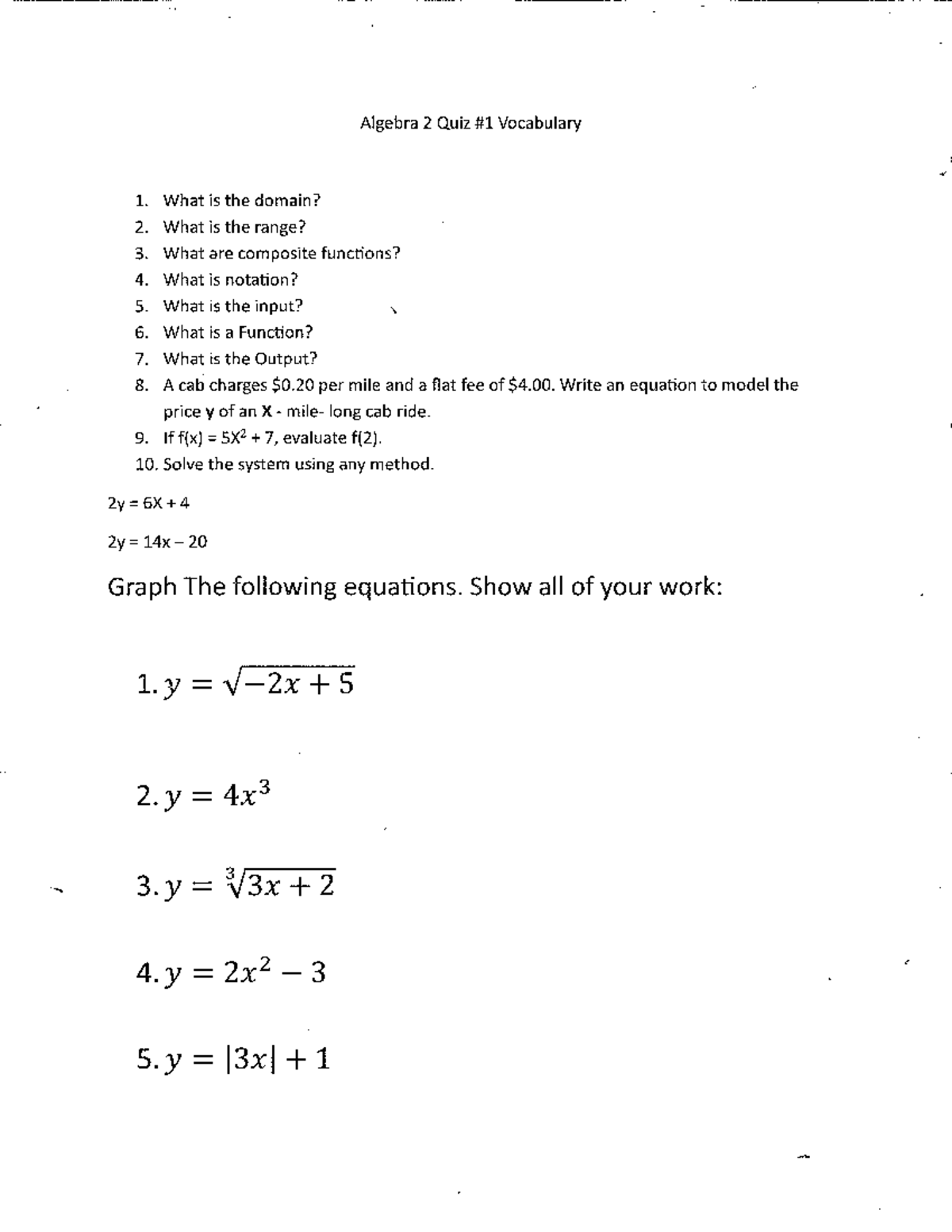 Algebra 2 Quiz: Key Vocabulary & Concepts (Course Code: XYZ123) - Studocu