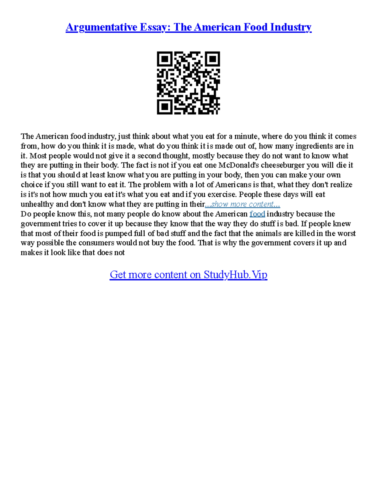 Essay On Food Crisis - Argumentative Essay: The American Food Industry ...