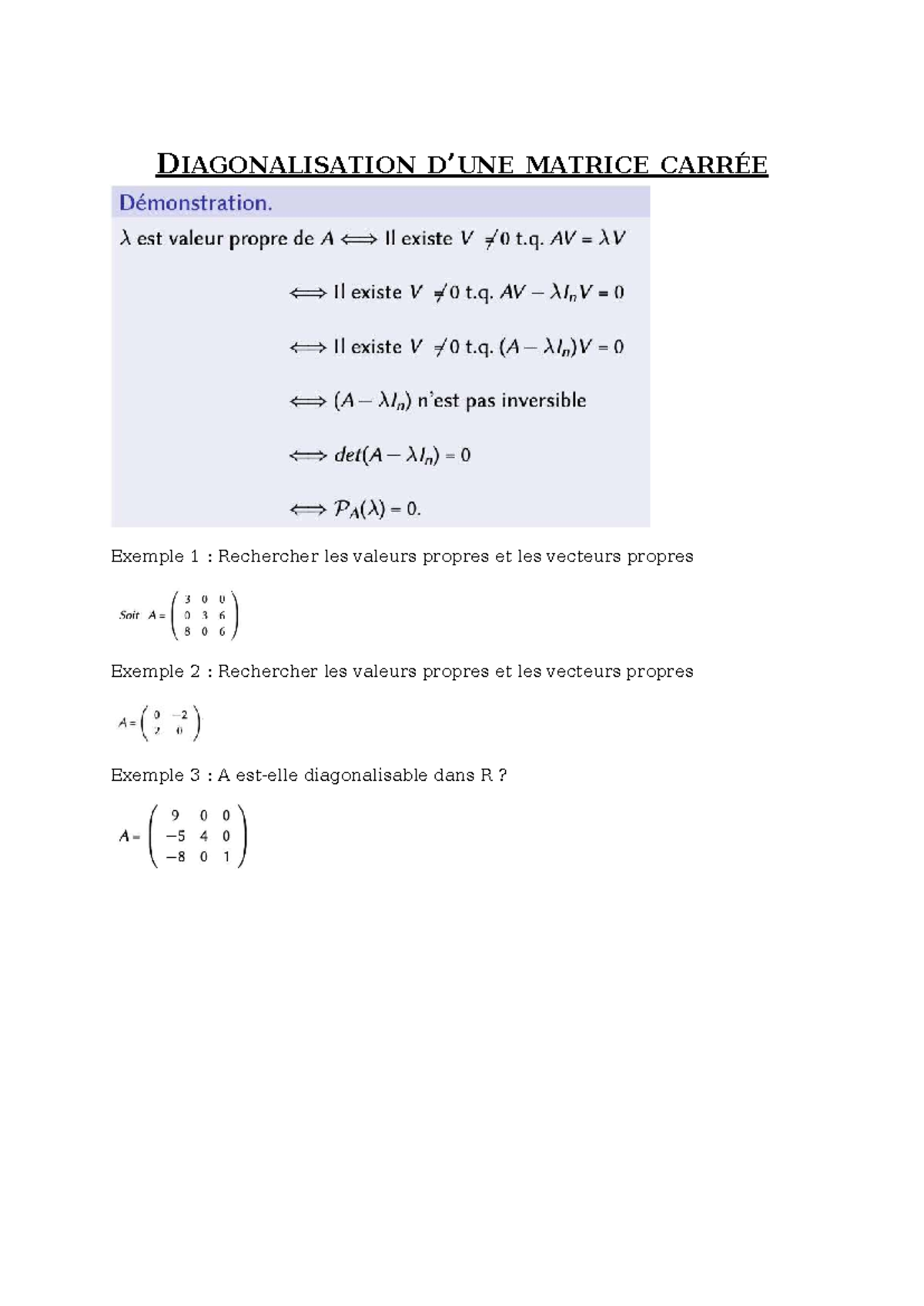 Révisions sur la Diagonalisation des Matrices Carrées - Exos - Studocu