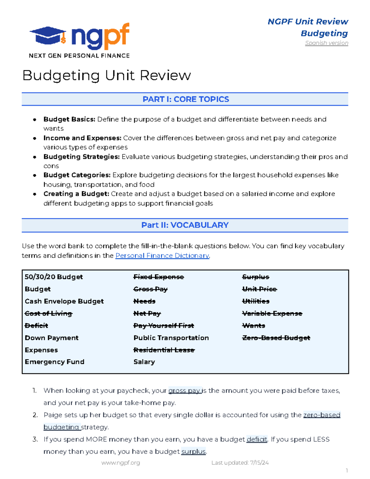 NGPF Budgeting Unit Review: Key Concepts & Vocabulary (Spanish) - Studocu
