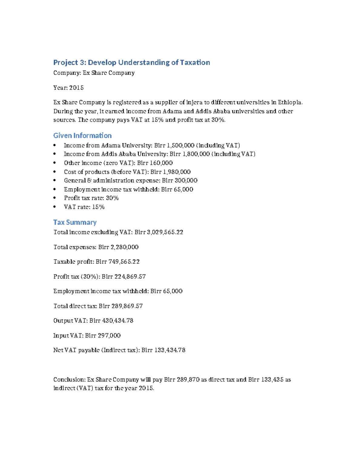 Project 3: Taxation Analysis of Ex Share Company (2015) - Studocu