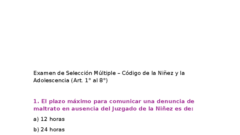 Examen de Selección Múltiple: Código de la Niñez y Adolescencia - Studocu