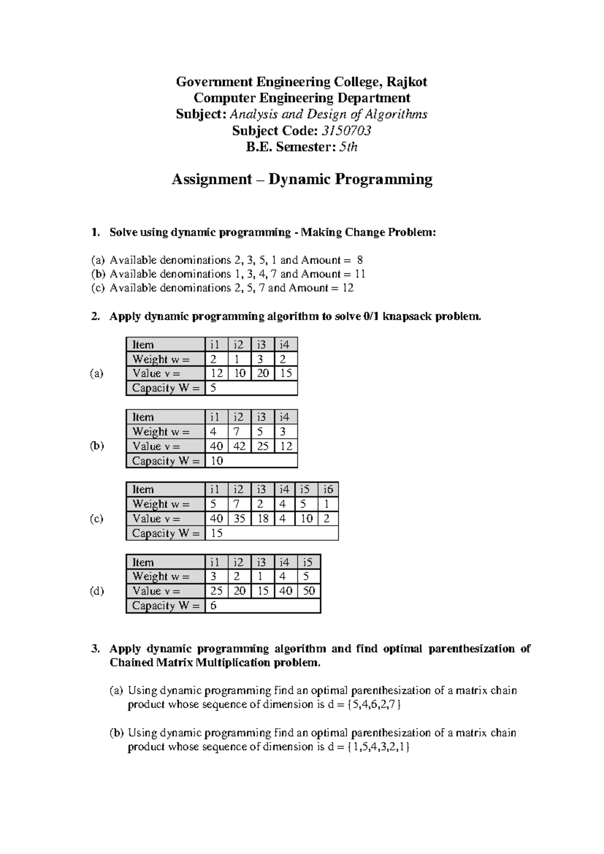 Dynamic Programming - Government Engineering College, Rajkot Computer Engineering Department ...