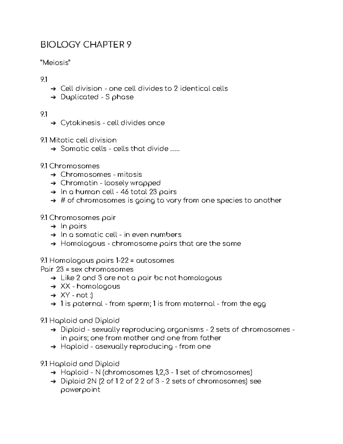 BIO CHAP9-2 - notes - BIOLOGY CHAPTER 9 “Meiosis” 9 Cell division - one ...