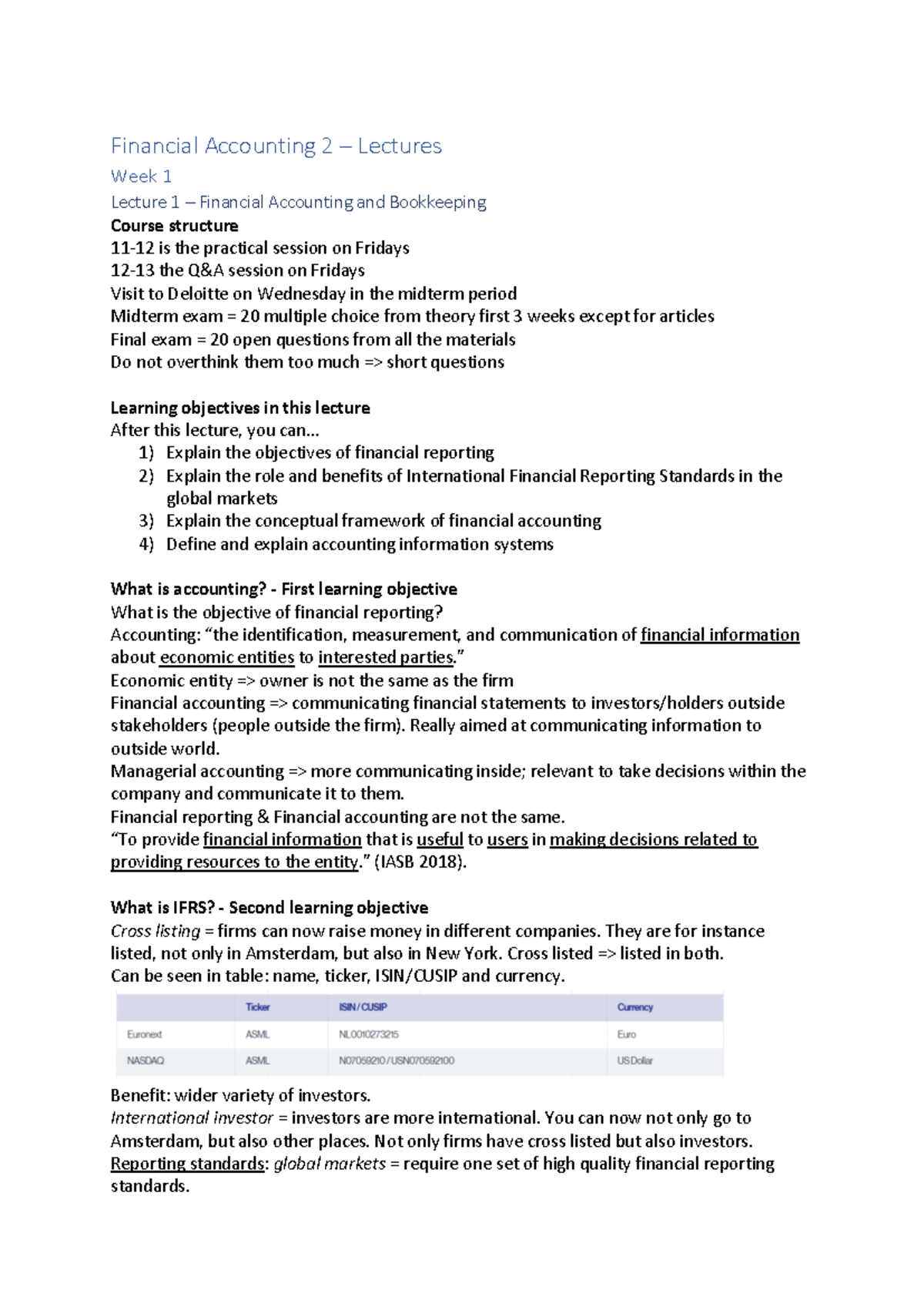 Financial Accounting 2 – Lecture Overview and Key Concepts - Studeersnel