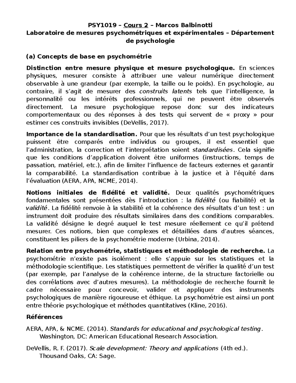 Psychométrie et Statistiques: Concepts Clés en PSY1019 - Studocu