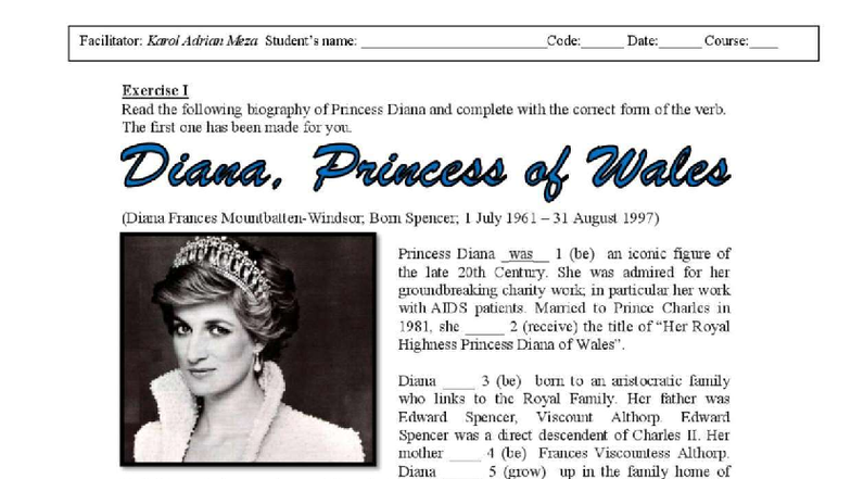 Princess Diana Biography Exercise I & II (Course Code: 85828) - Studocu