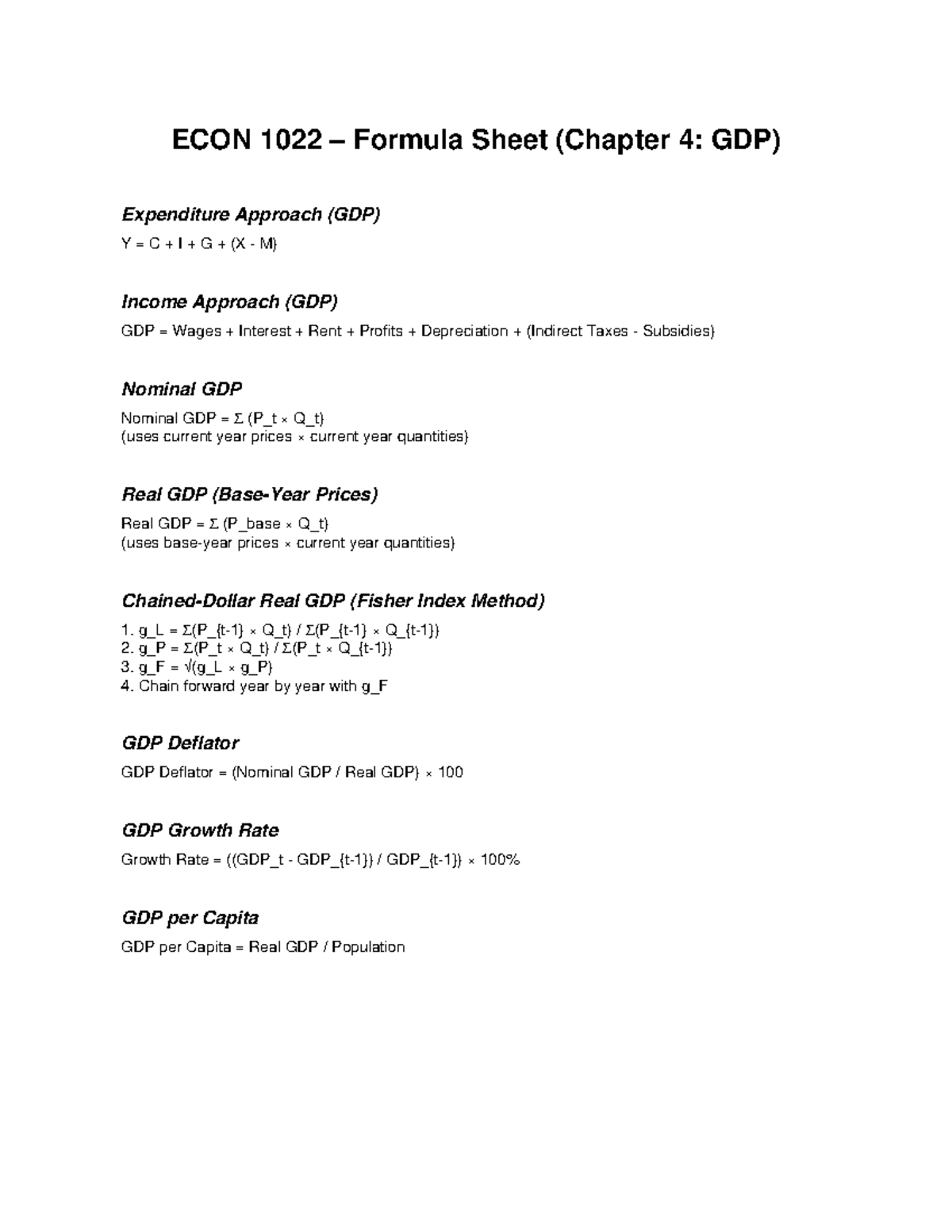 ECON 1022 Final Exam Formula Sheet: GDP Expenditure & Income Approaches ...
