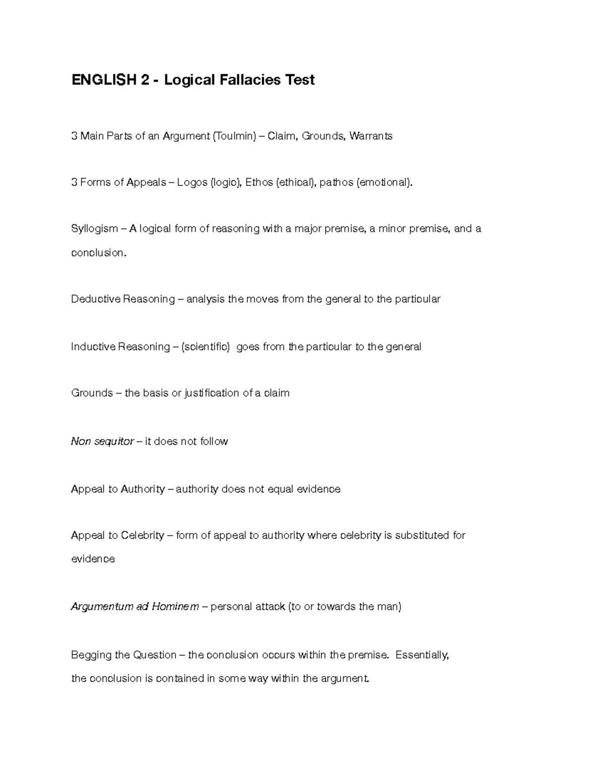 ENGLISH 2 - Revised Logical Fallacies Test Notes and Definitions ...