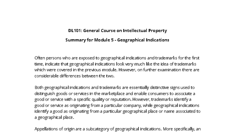 DL101: Summary of Module 5 - Geographical Indications in IP - Studocu