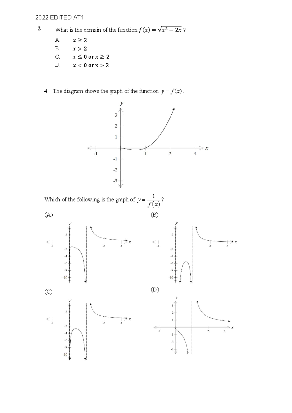 2022 Edited AST 1 Mathematics Extension I: Function Domains & Graphs ...