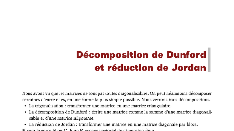 Décomposition de Dunford et Réduction de Jordan - Algèbre 444 - Studocu