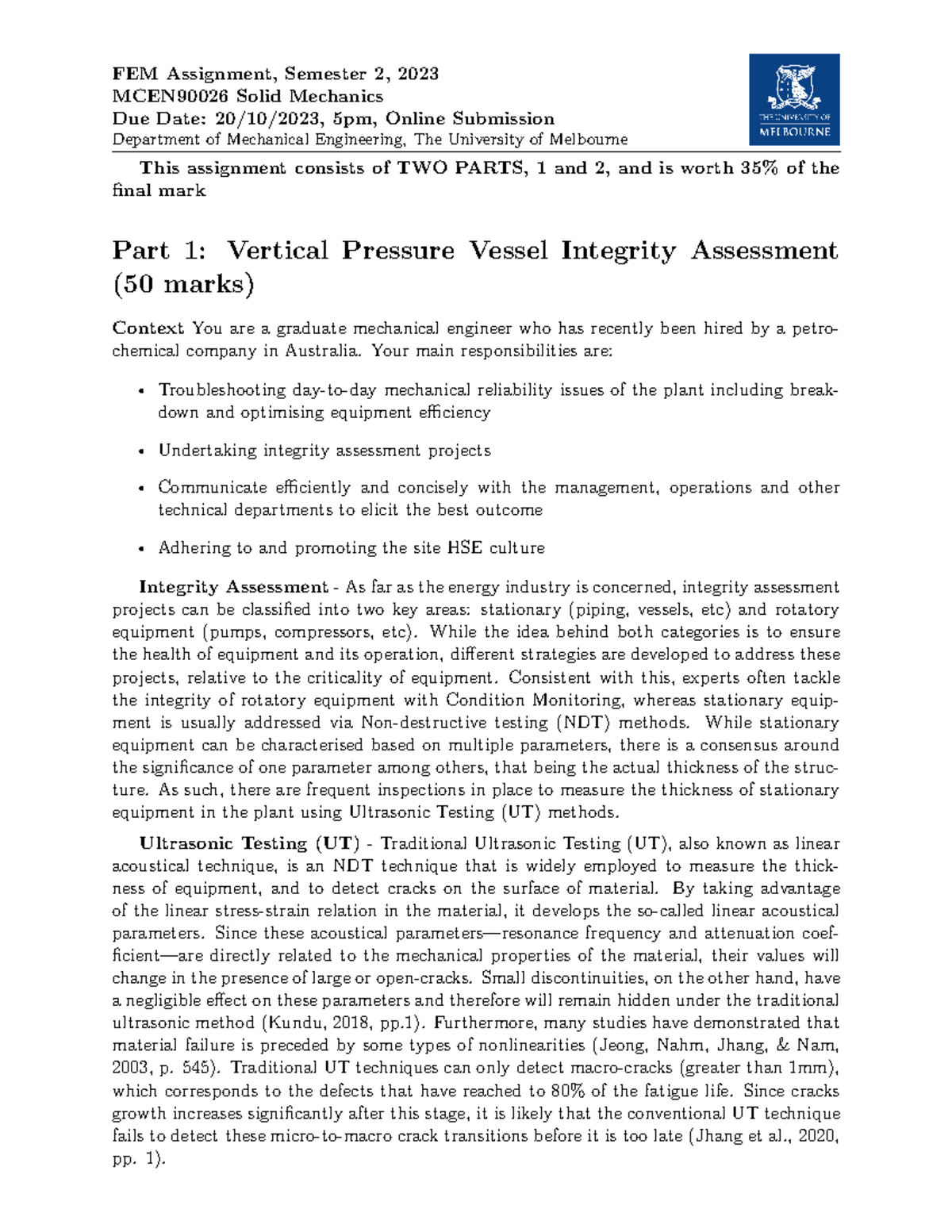 MCEN90026 Solid Mechanics Project: Vertical & Horizontal Pressure ...