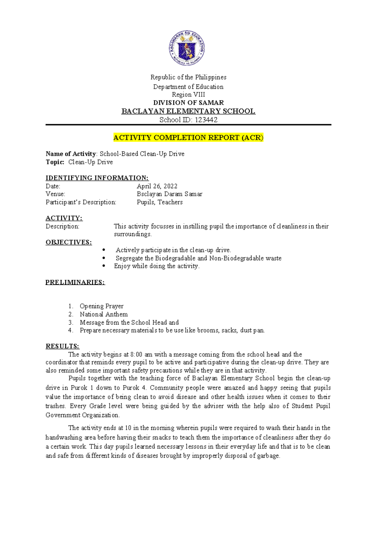 BES ACR: Activity Completion Report on Clean-Up Drive - Studocu